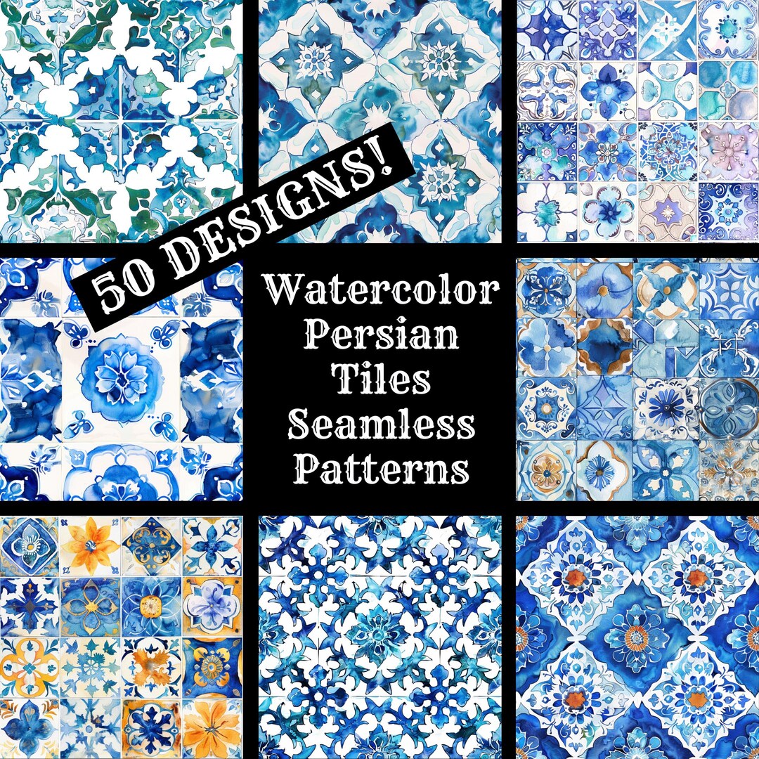 Watercolor Persian Tile Patterns: Seamless Digital Paper (PNG) - Etsy