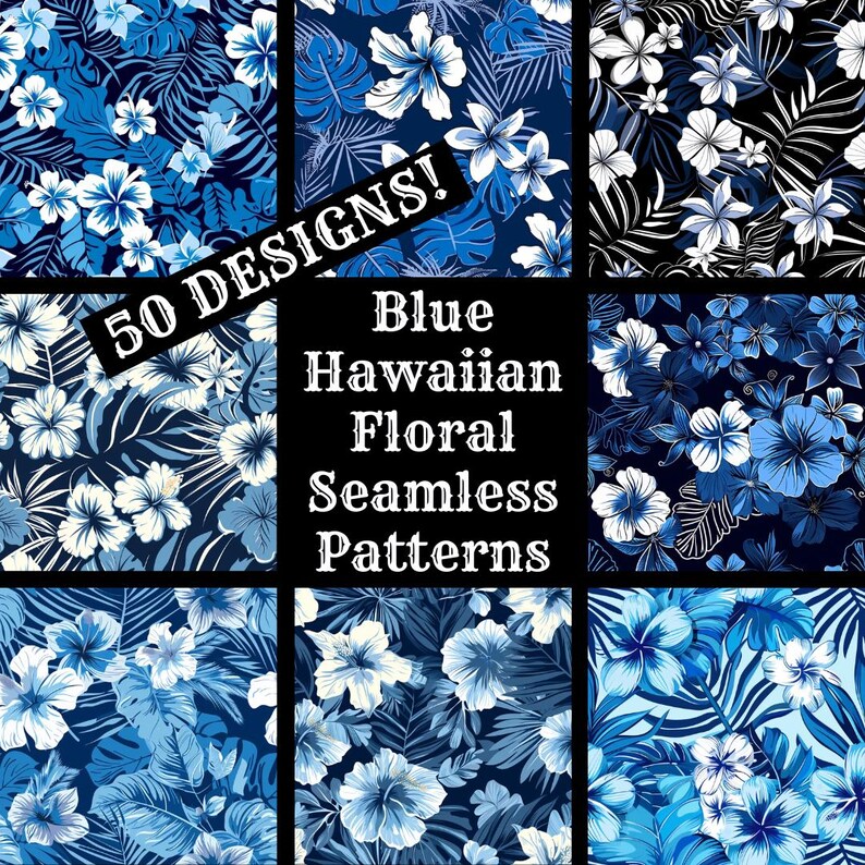 Blue Hawaiian Floral Seamless Pattern: 50 PNG Digital Papers (digital ...