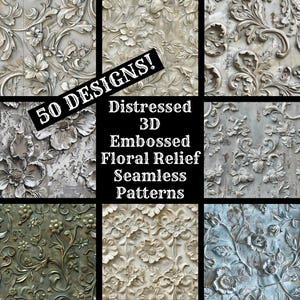 Distressed Floral Relief Digital Paper: 3D Embossed Seamless Textures ...