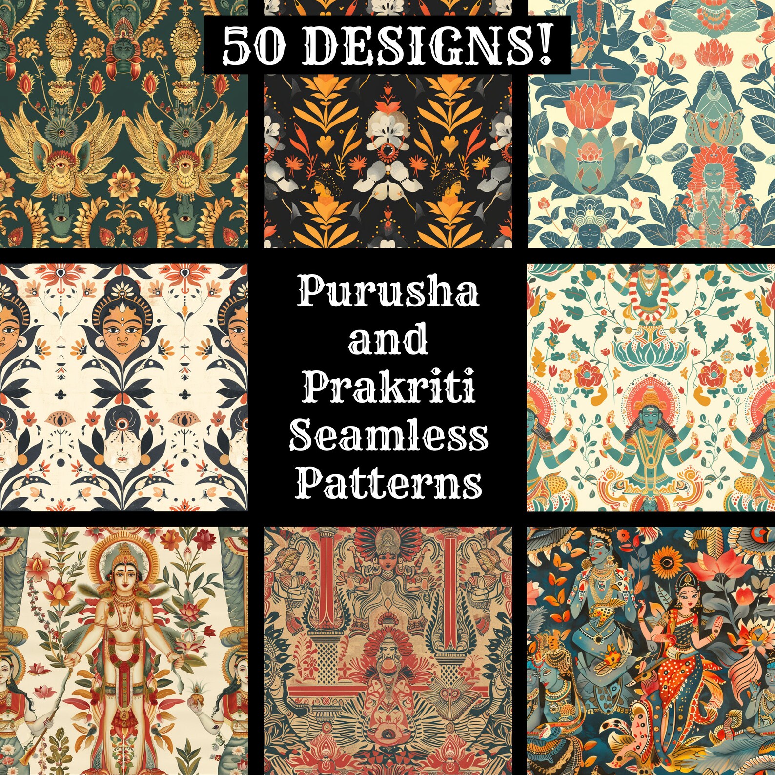 Purusha and Prakriti Digital Paper: 50 Seamless Pattern Textures (PNG ...