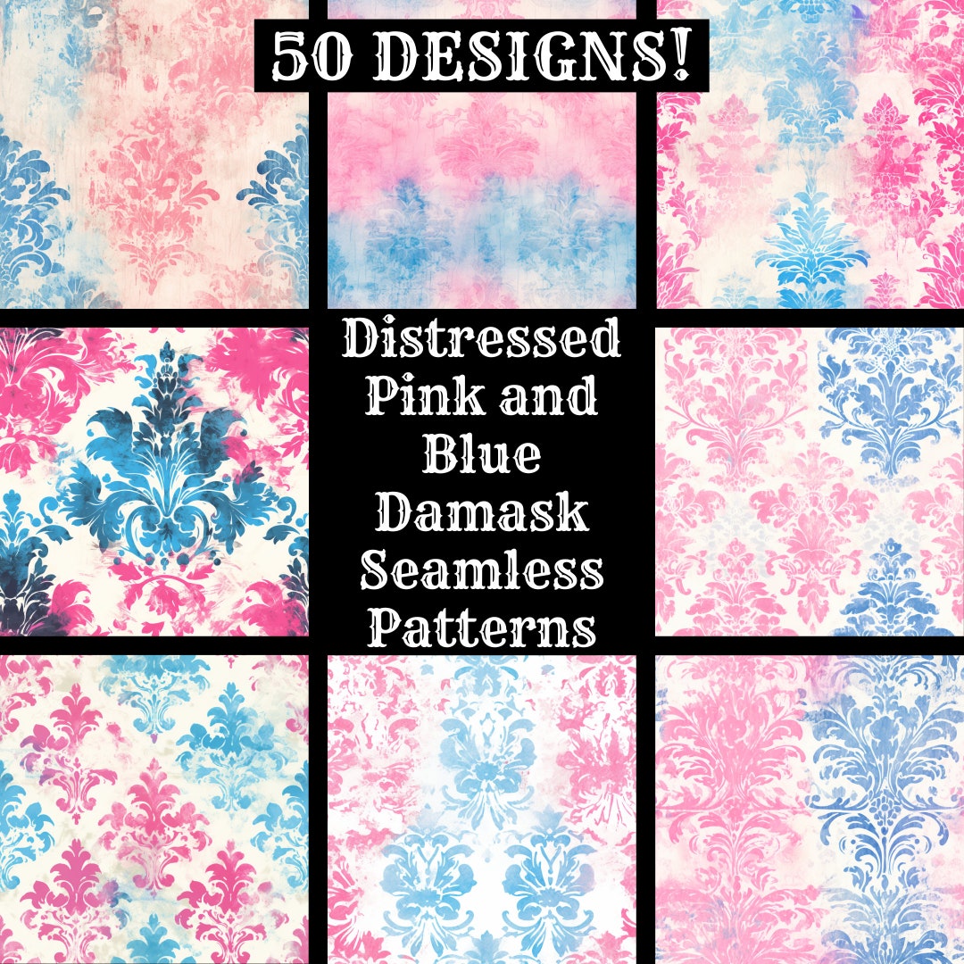 Distressed Pink and Blue Damask Seamless Digital Paper, Printable ...