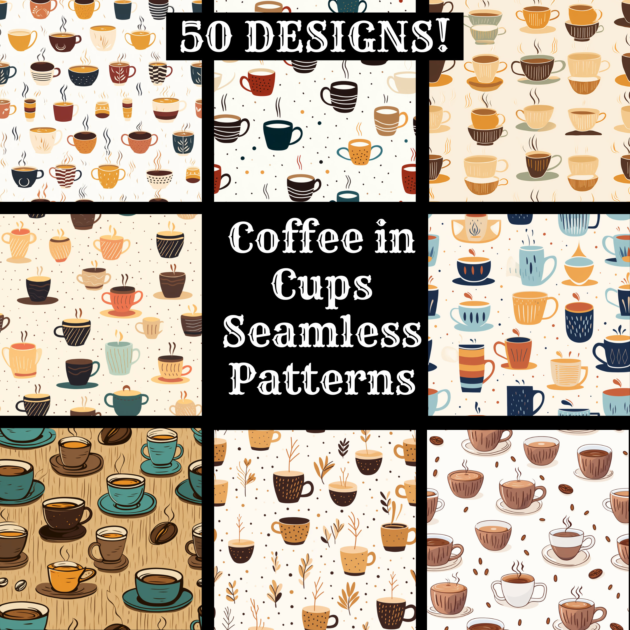 Coffee in Cups Seamless Digital Paper, Printable Scrapbook Paper ...