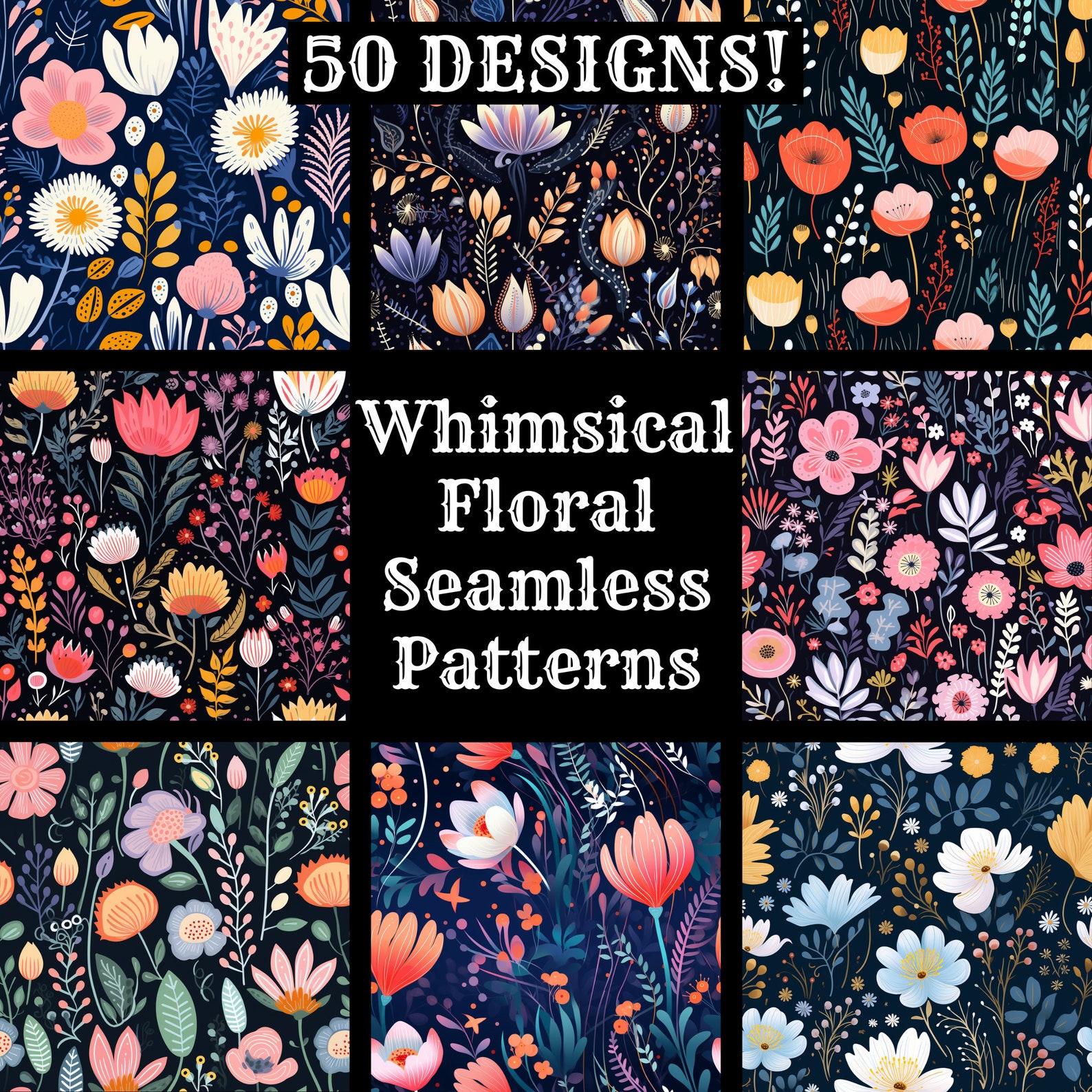 Whimsical Floral Seamless Patterns: 50 PNG Digital Papers (1024x1024 Px ...