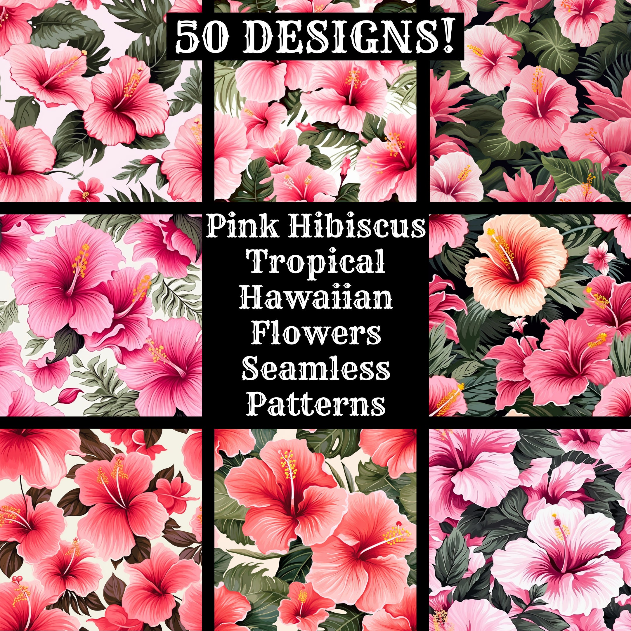 Pink Hibiscus Tropical Hawaiian Flowers Seamless Digital Paper ...