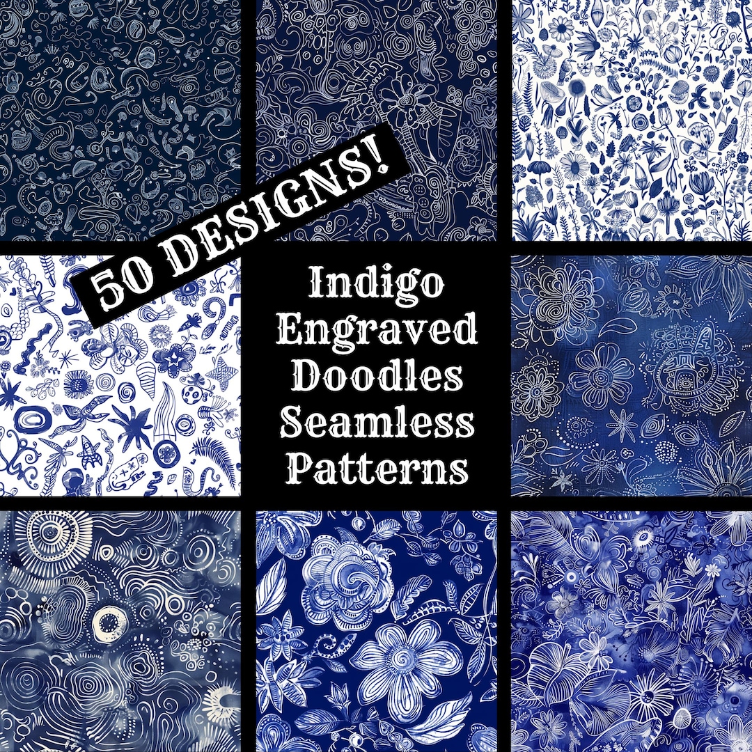 Indigo Engraved Doodles Seamless Digital Paper, Printable Scrapbook ...