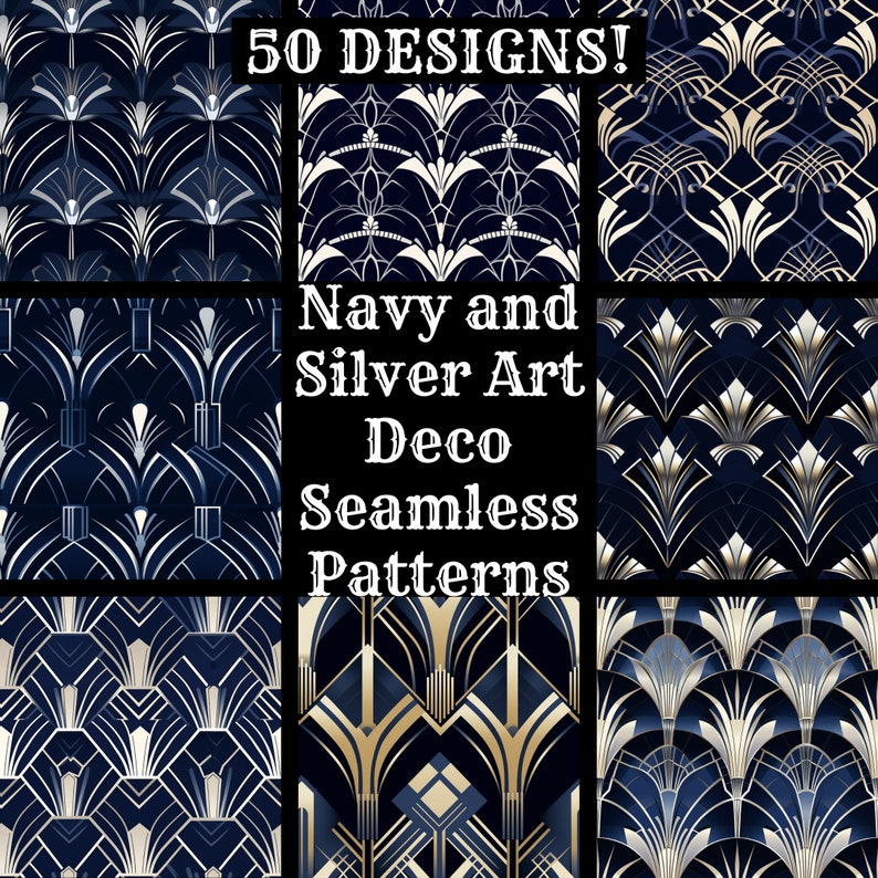 Navy and Silver Art Deco Seamless Digital Paper, Printable Scrapbook ...