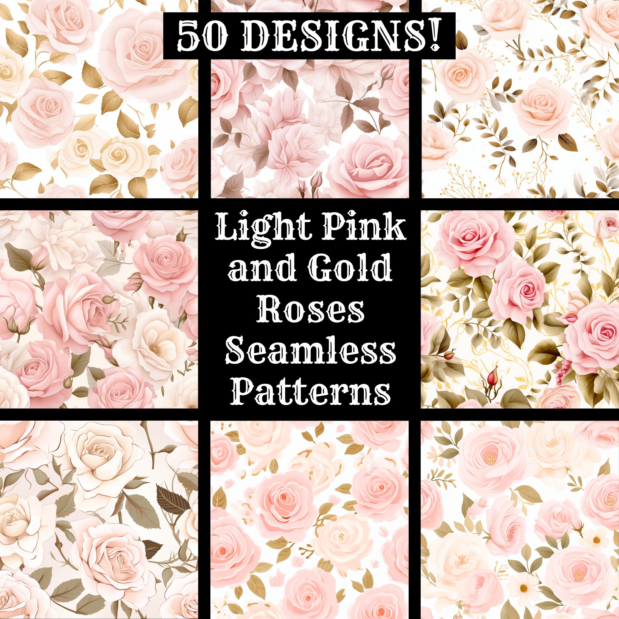 Light Pink and Gold Roses Seamless Digital Paper, Printable Scrapbook ...