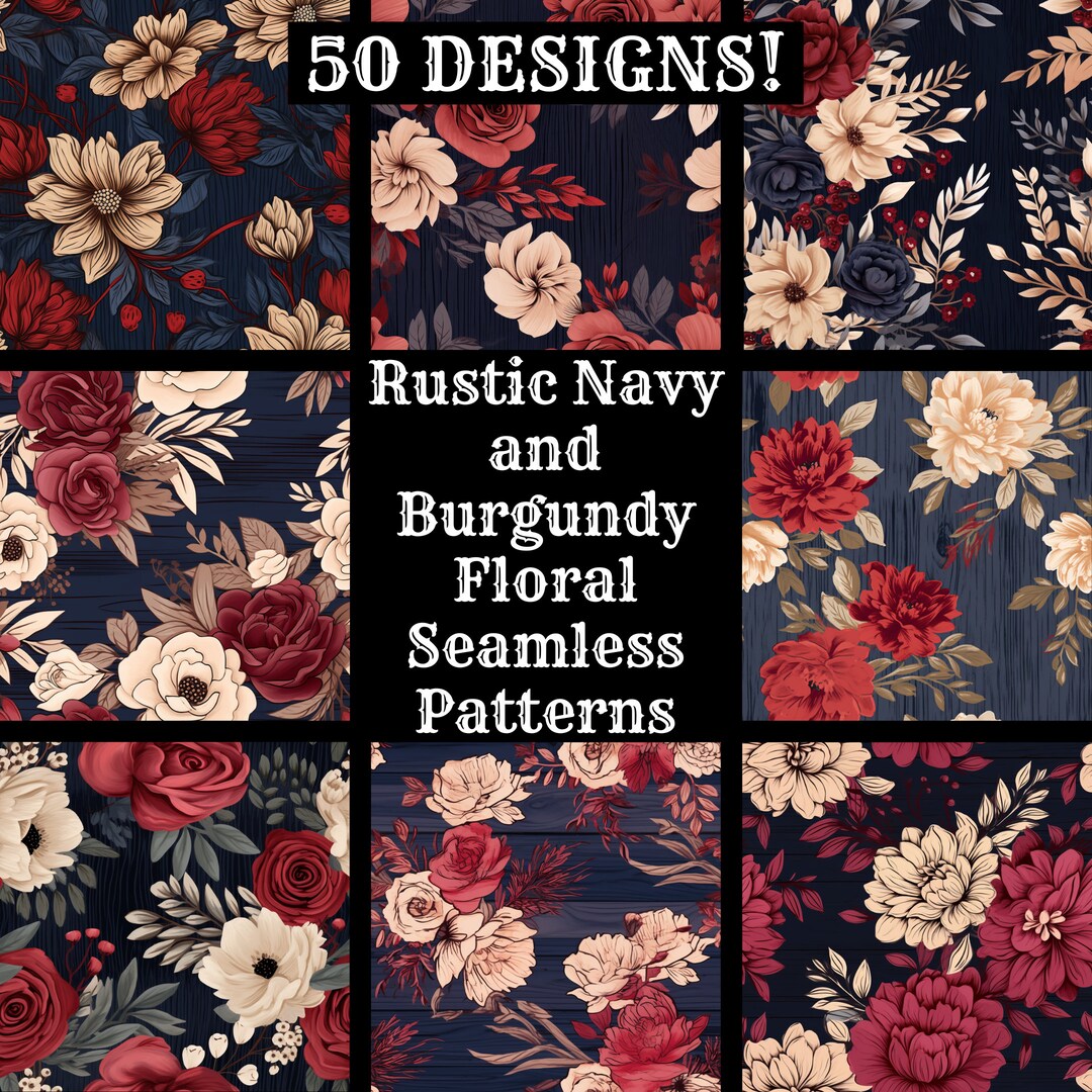 Rustic Navy and Burgundy Floral Seamless Digital Paper, Printable ...