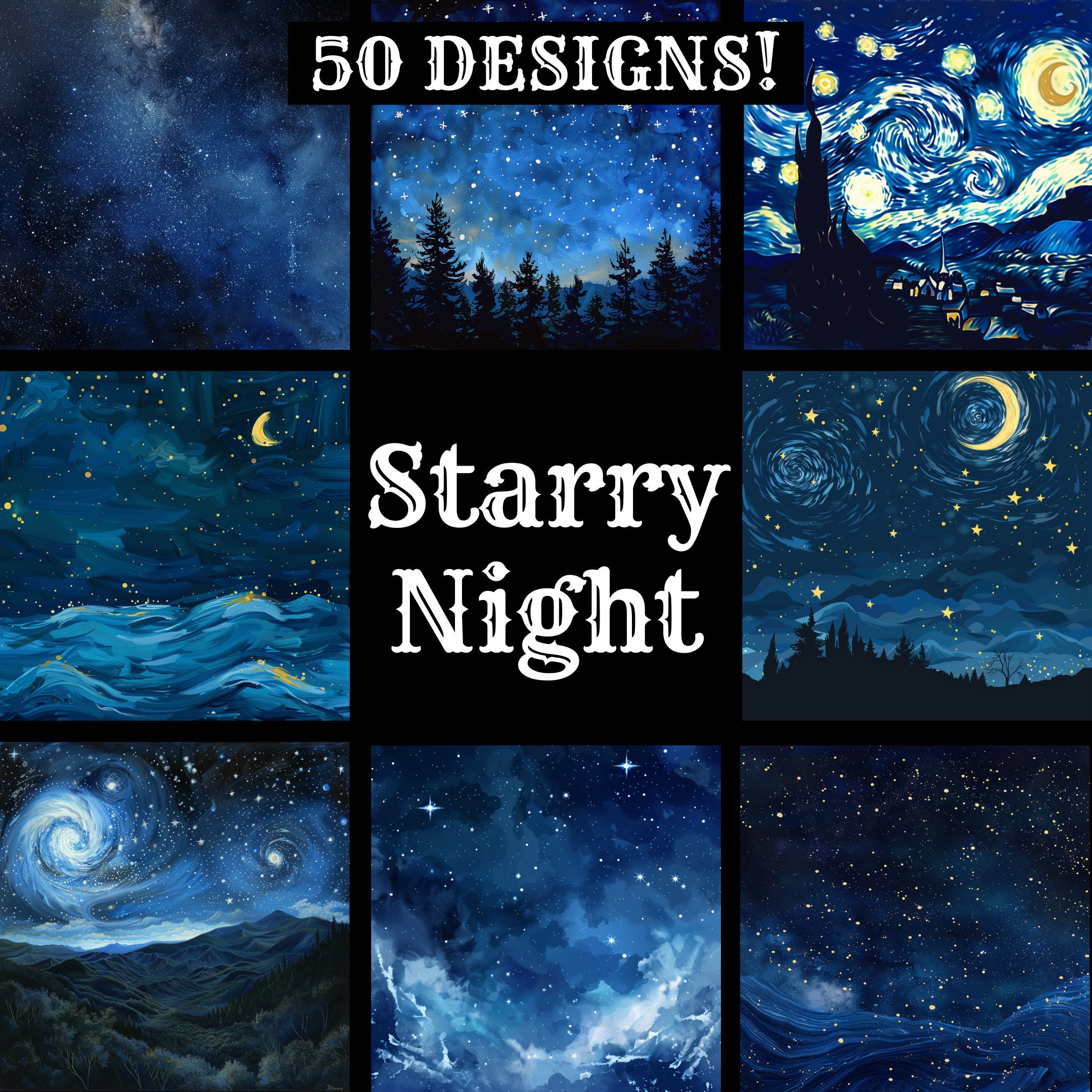 Starry Night Digital Paper: High-resolution Scrapbook (PNG, 12x12 ...