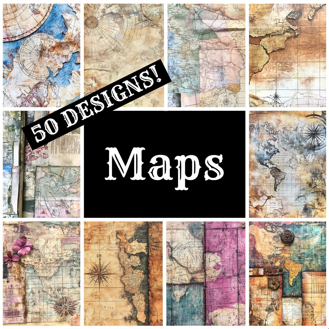 Vintage Maps Digital Paper: Scrapbook Journal Inserts (PNG, 8.5x11 In ...