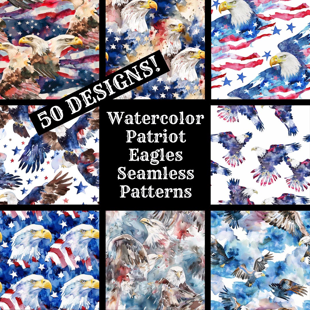 Watercolor Patriot Eagles Seamless Pattern: 50 PNG Digital Papers ...