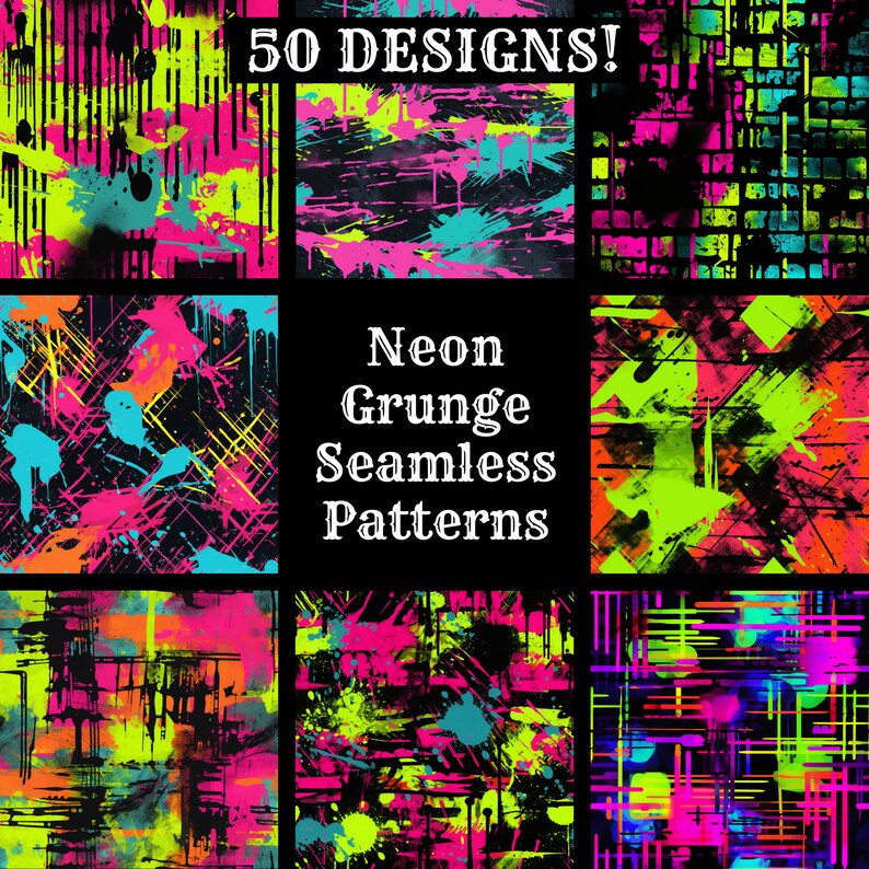Neon Grunge Seamless Pattern: 50 PNG Digital Papers (digital Download ...