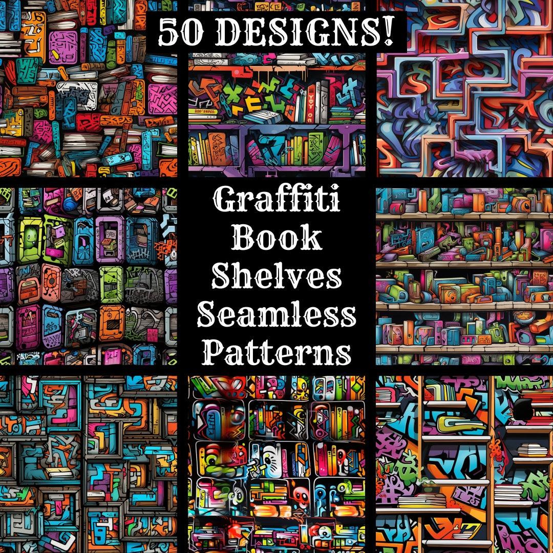 Graffiti Bookshelves Seamless Pattern: 50 PNG Digital Papers (digital ...