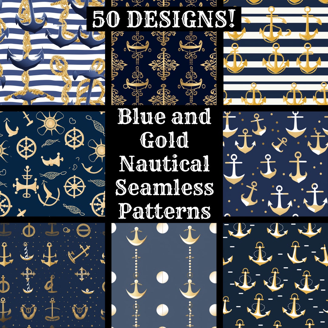 Blue and Gold Nautical Seamless Digital Paper Printable Scrapbook Paper ...