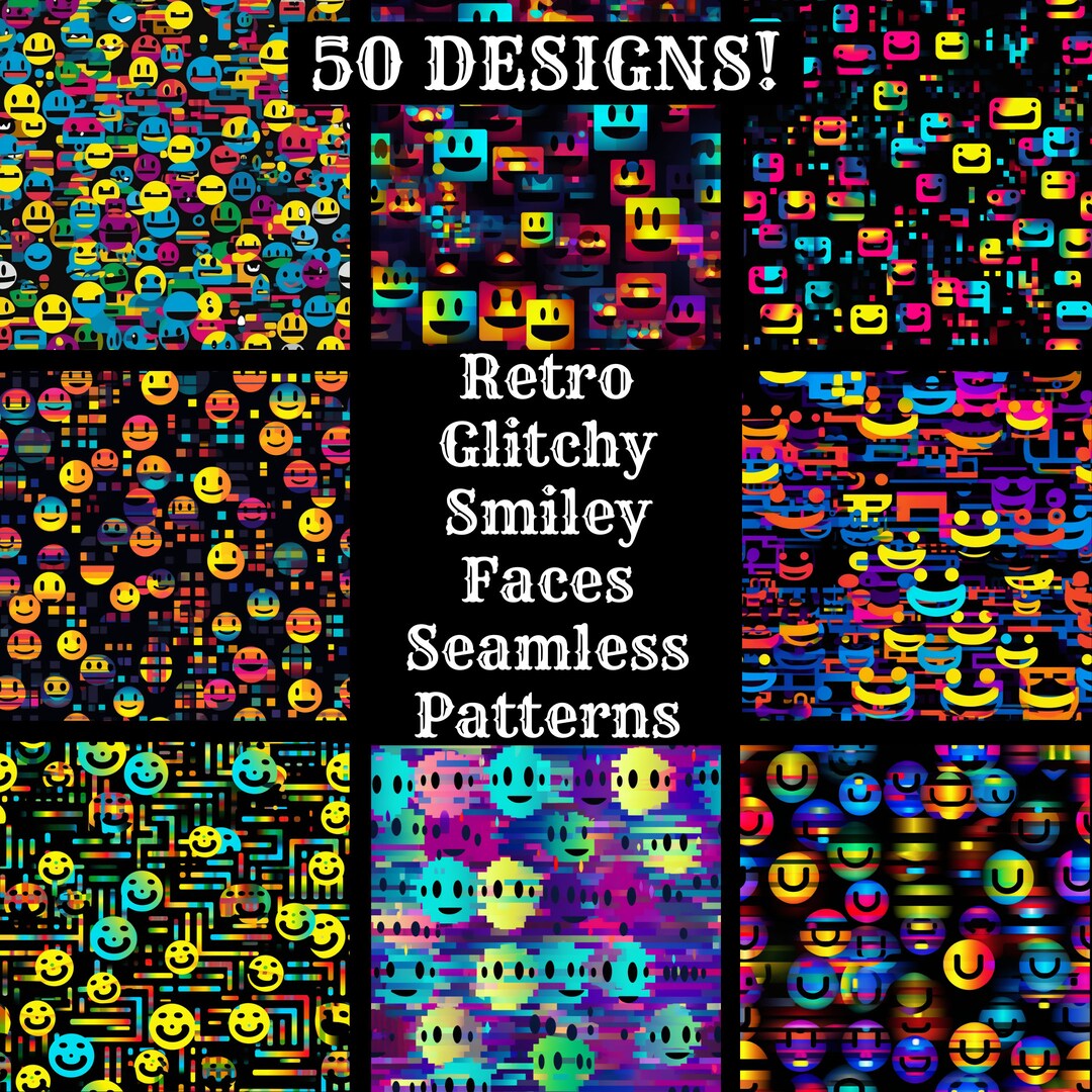 Retro Glitchy Smiley Faces Seamless Digital Paper, Printable Scrapbook ...