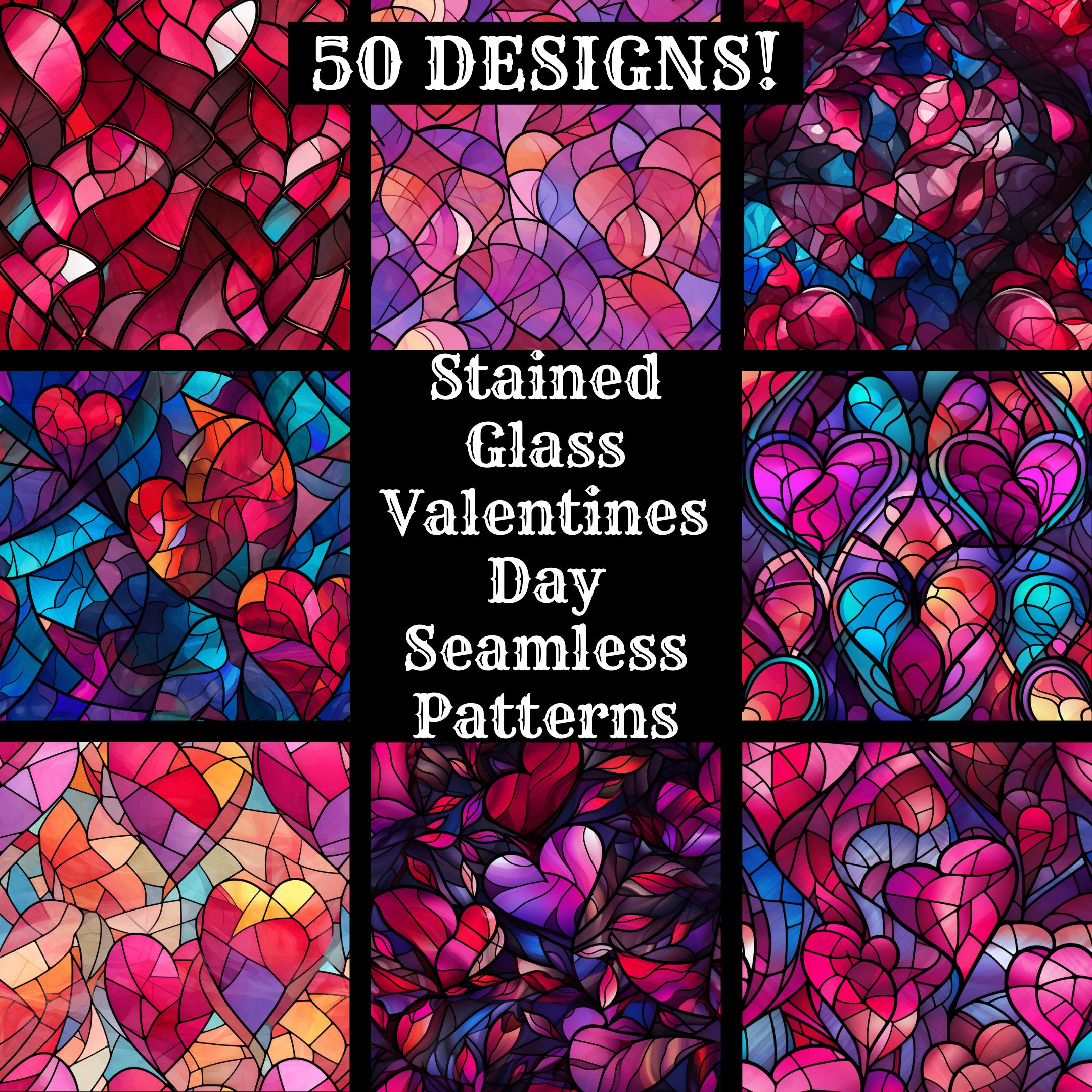 Stained Glass Valentines Day Seamless Digital Paper, Printable ...