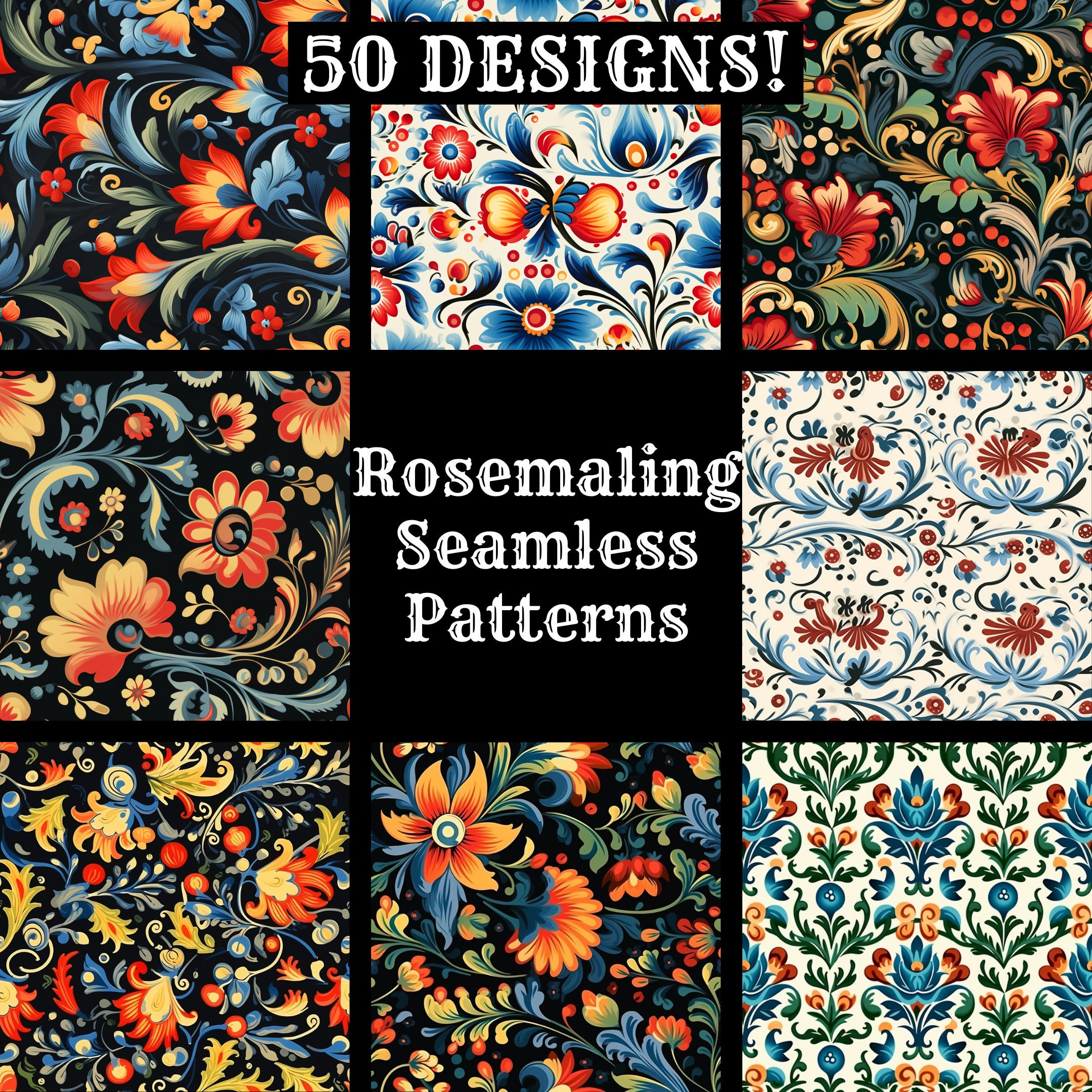 Rosemaling Seamless Digital Paper, Printable Scrapbook Paper Seamless ...