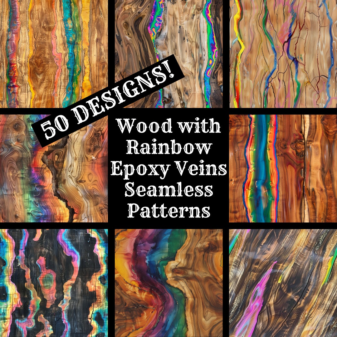 Wood With Rainbow Epoxy Veins Seamless Digital Paper, Wood With Rainbow ...