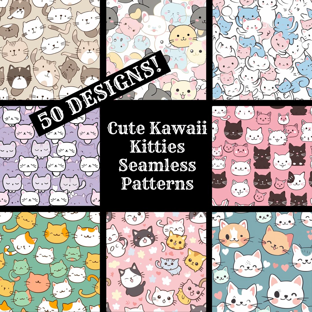 Cute Kawaii Kitties Seamless Digital Paper, Printable Scrapbook Paper ...