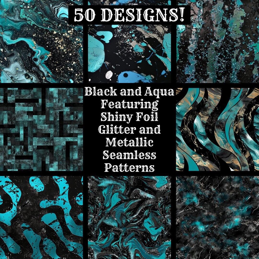 Black and Aqua Featuring Shiny Foil Glitter Seamless Digital Paper ...