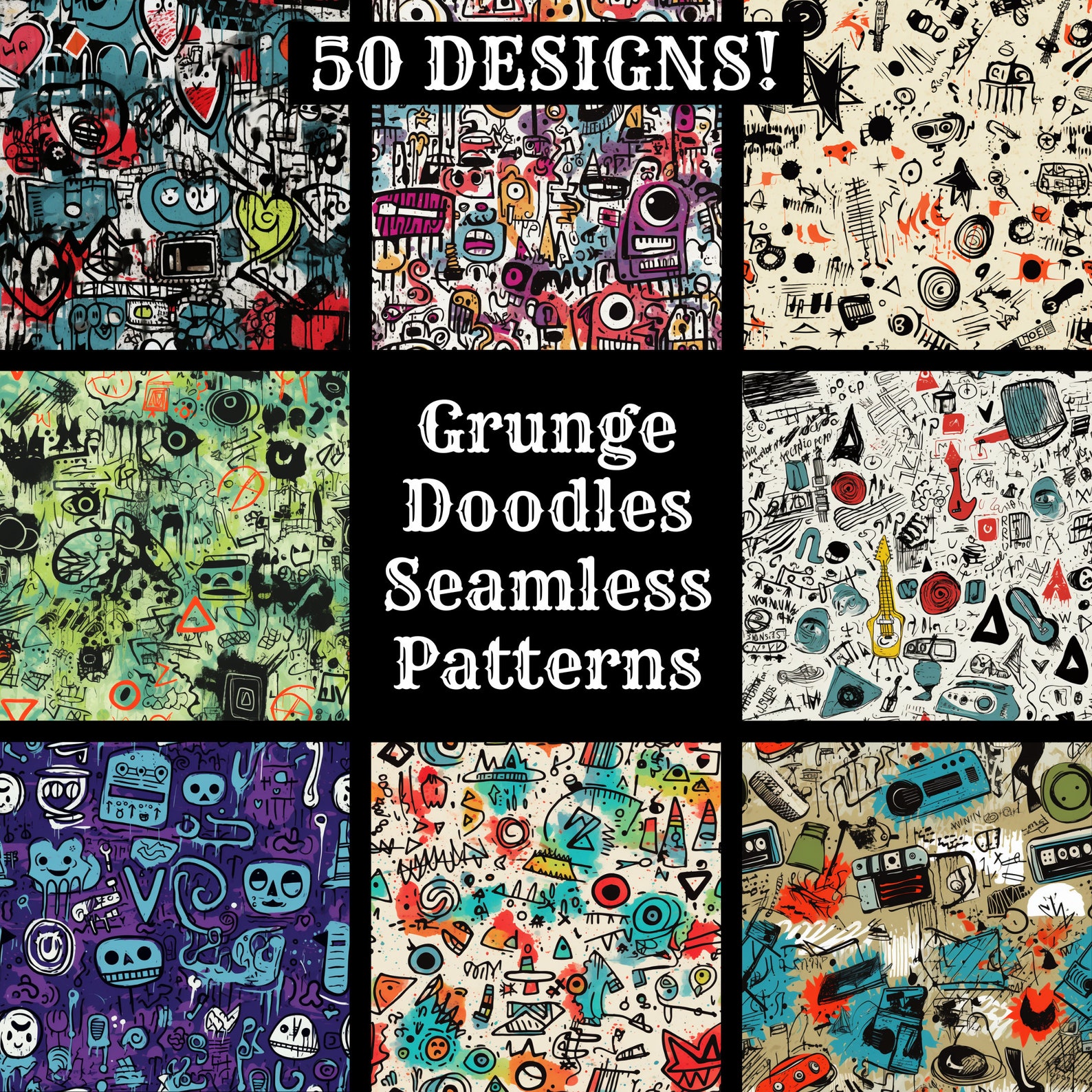 Grunge Doodles Seamless Pattern: 50 Digital Papers (PNG, 300 Dpi) - Etsy