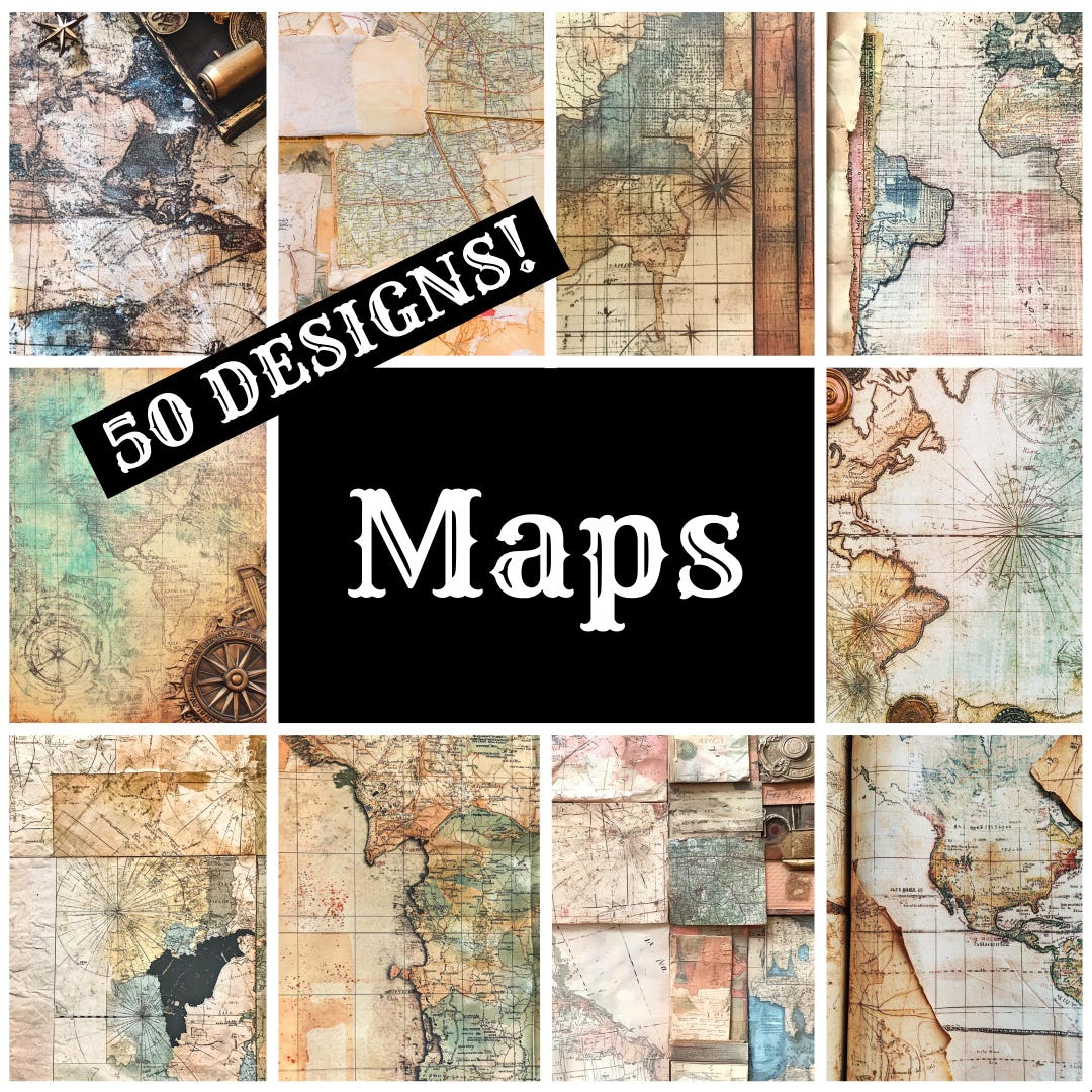 Vintage Maps Digital Paper: Scrapbook Journal Inserts (PNG, 8.5x11 In ...