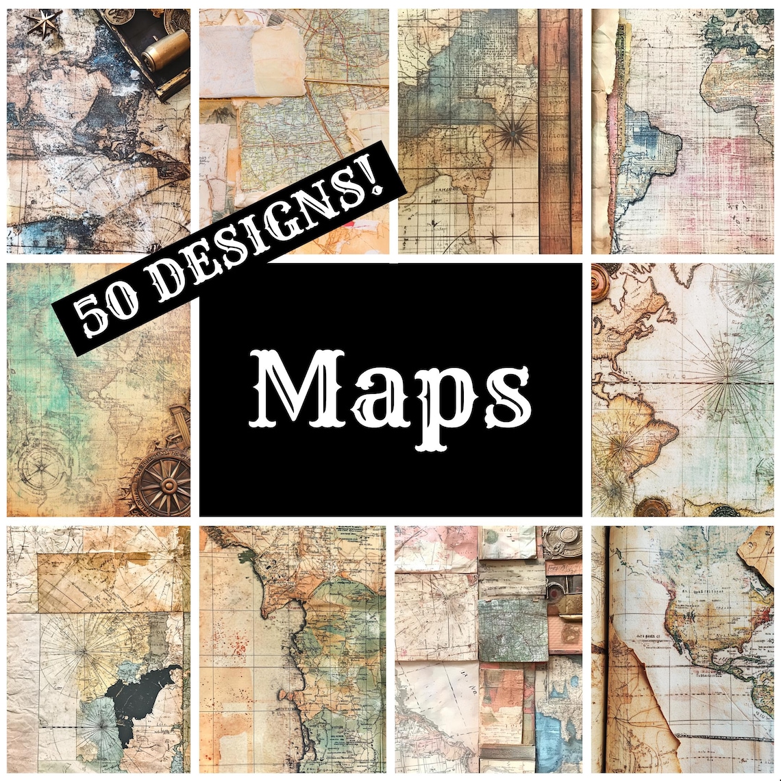 Vintage Maps Digital Paper: Scrapbook Journal Inserts (PNG, 8.5x11 In ...