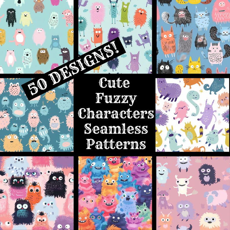 Cute Fuzzy Characters Seamless Pattern, Scrapbook Paper (digital ...