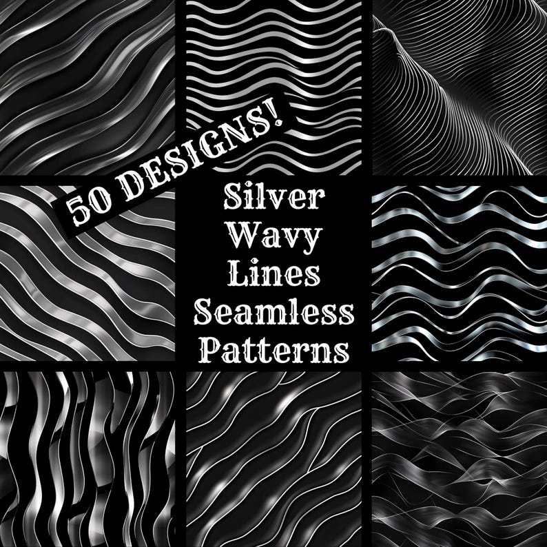 Silver Wavy Lines Seamless Patterns: 50 Digital Papers (digital ...