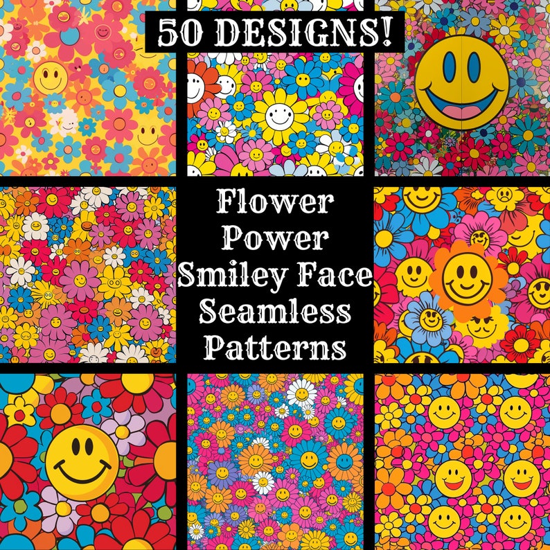 Flower Power Smiley Face Seamless Digital Paper - Etsy