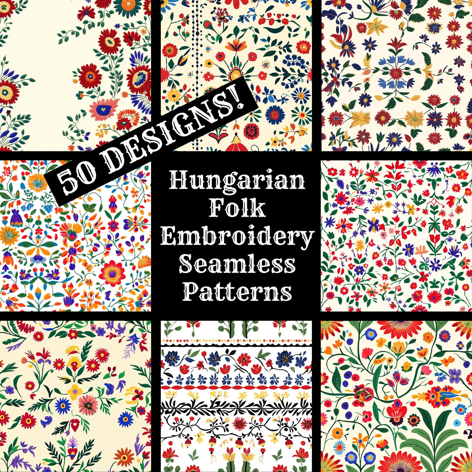 Hungarian Folk Embroidery Seamless Patterns: 50 PNG Digital Papers ...