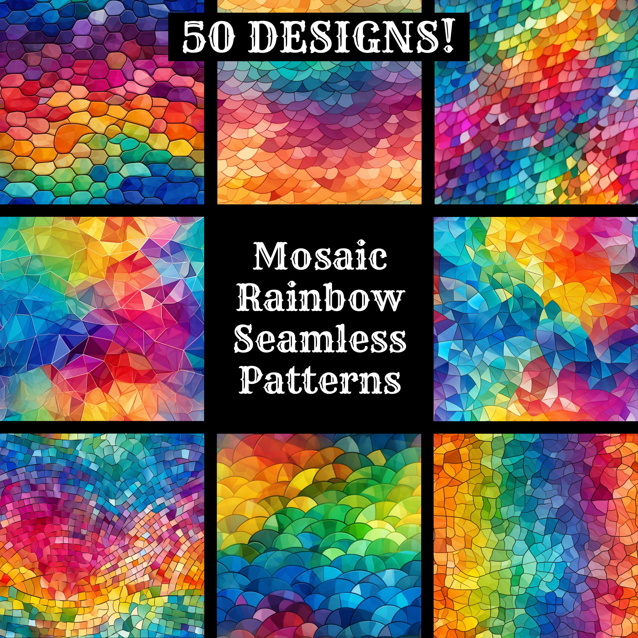 Mosaic Rainbow Seamless Pattern: 50 PNG Digital Papers (digital ...