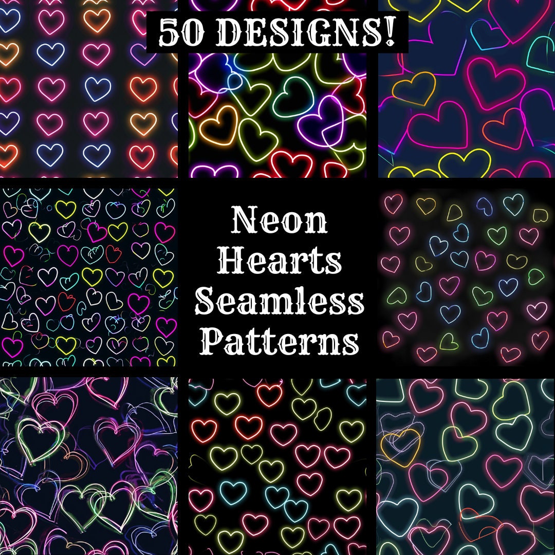 Neon Hearts Seamless Digital Paper, Printable Scrapbook Paper Seamless ...