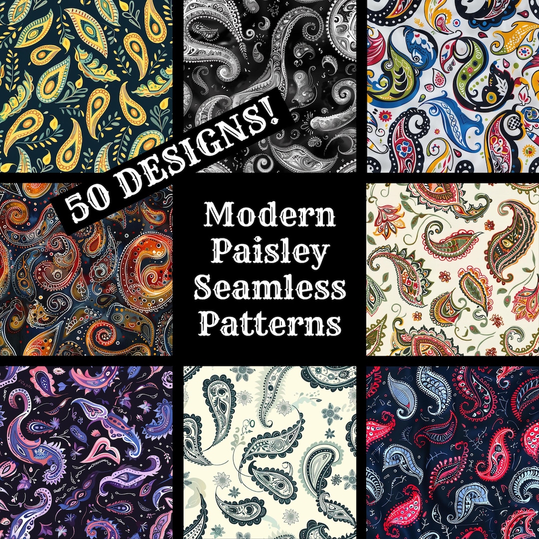 Modern Paisley Seamless Pattern: 50 PNG Digital Papers (digital ...