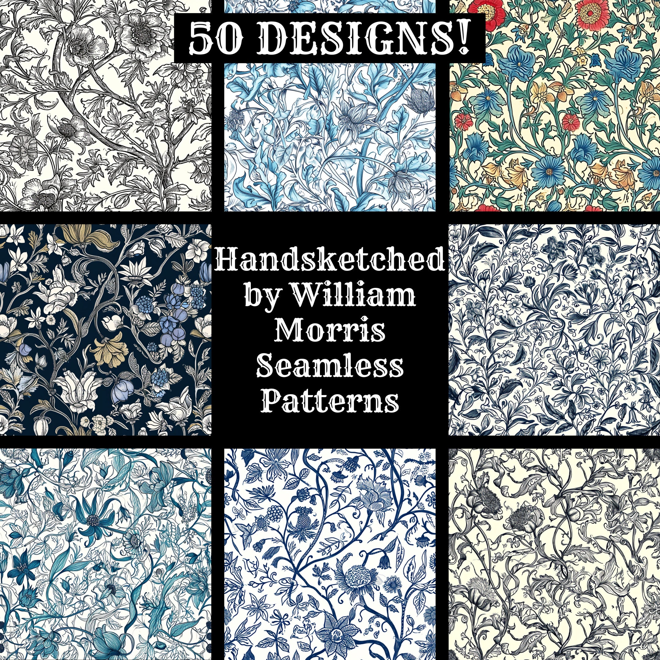 William Morris Hand-sketched Seamless Pattern: Digital Paper (PNG, 300 ...
