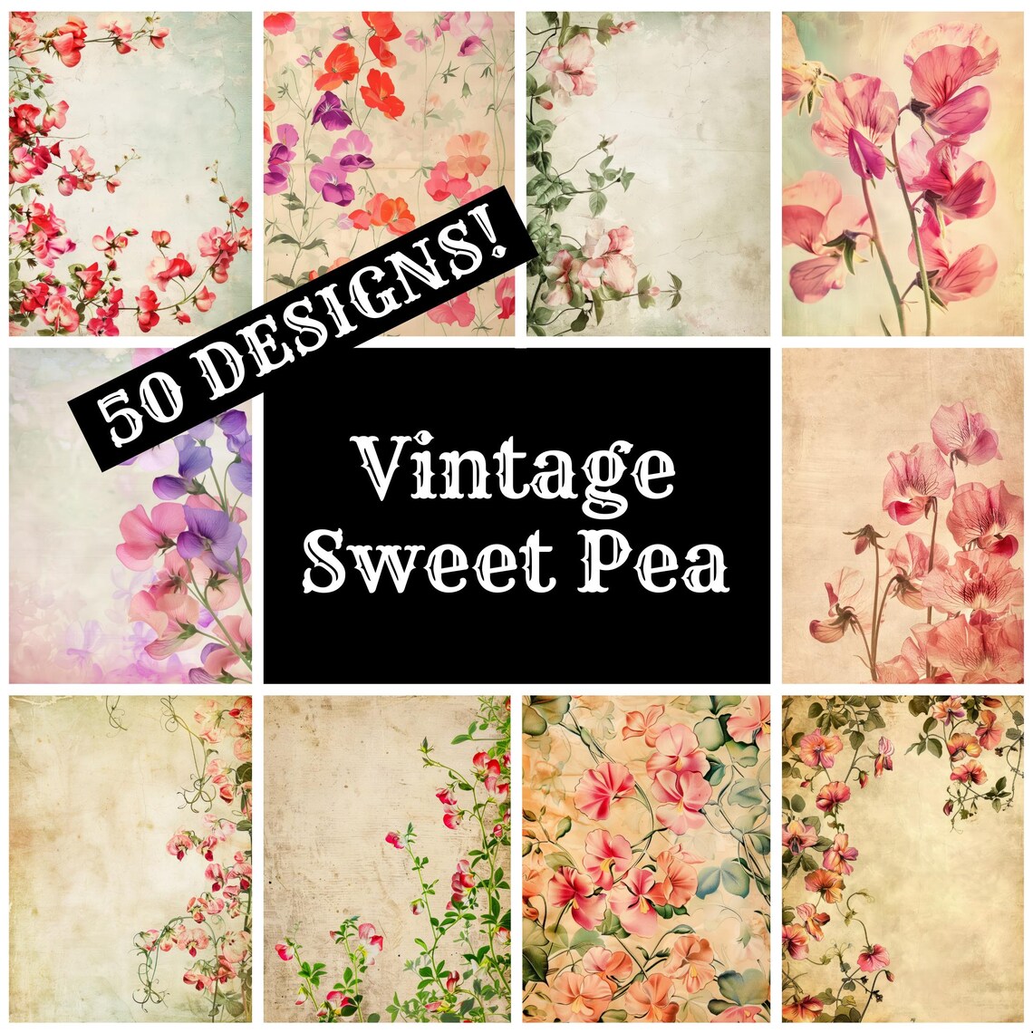 Vintage Sweet Pea Digital Paper: Scrapbook Journal Inserts (PNG) - Etsy