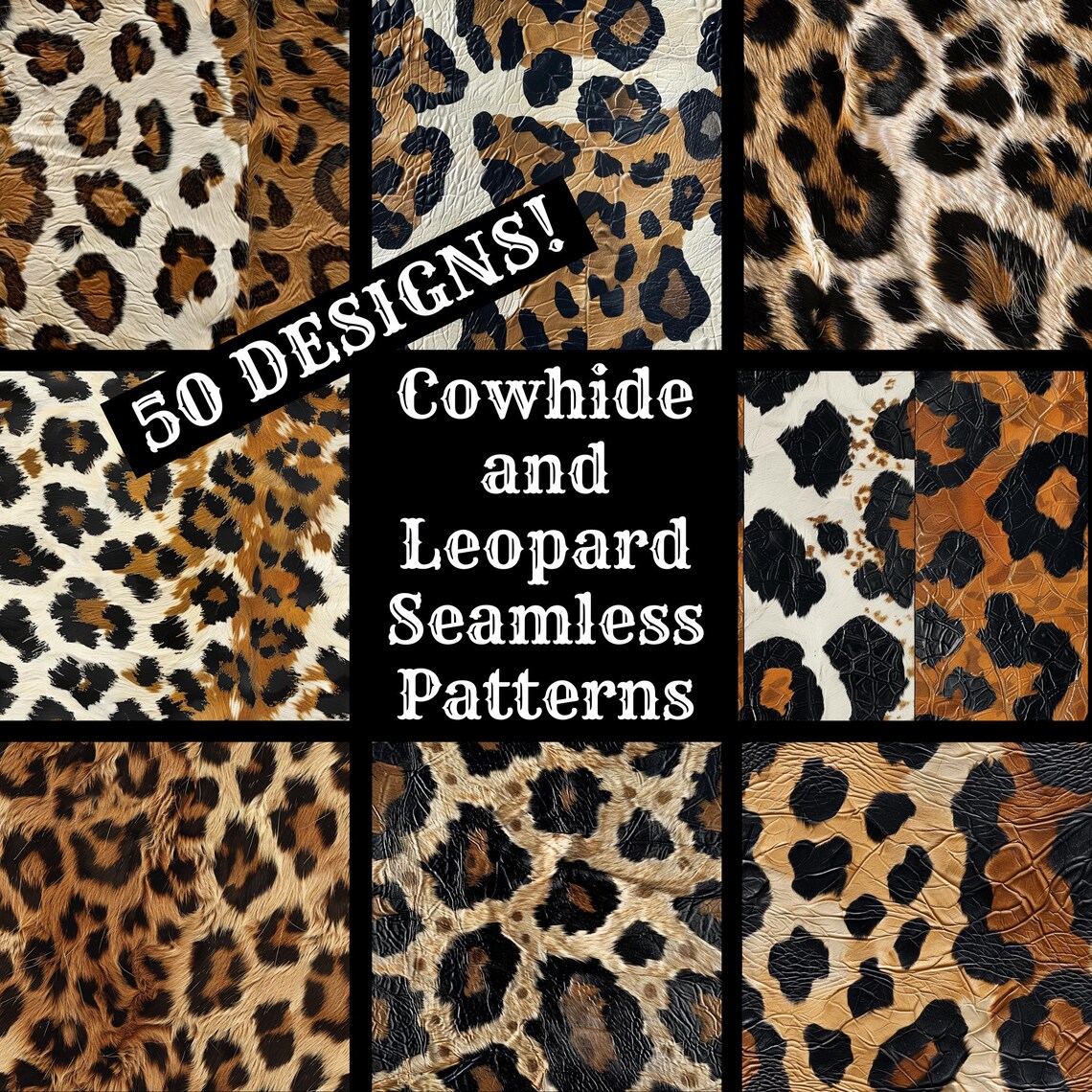 Cowhide & Leopard Seamless Patterns: 50 PNG Digital Papers (digital ...