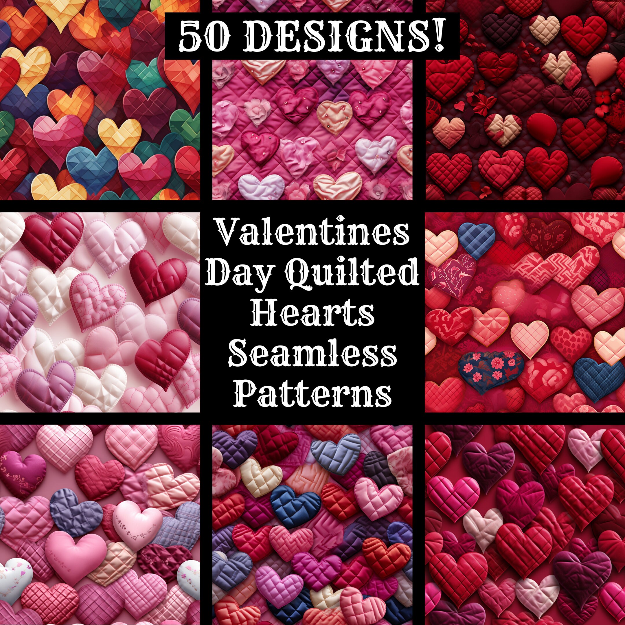 Valentines Day Quilted Hearts Seamless Digital Paper, Printable ...
