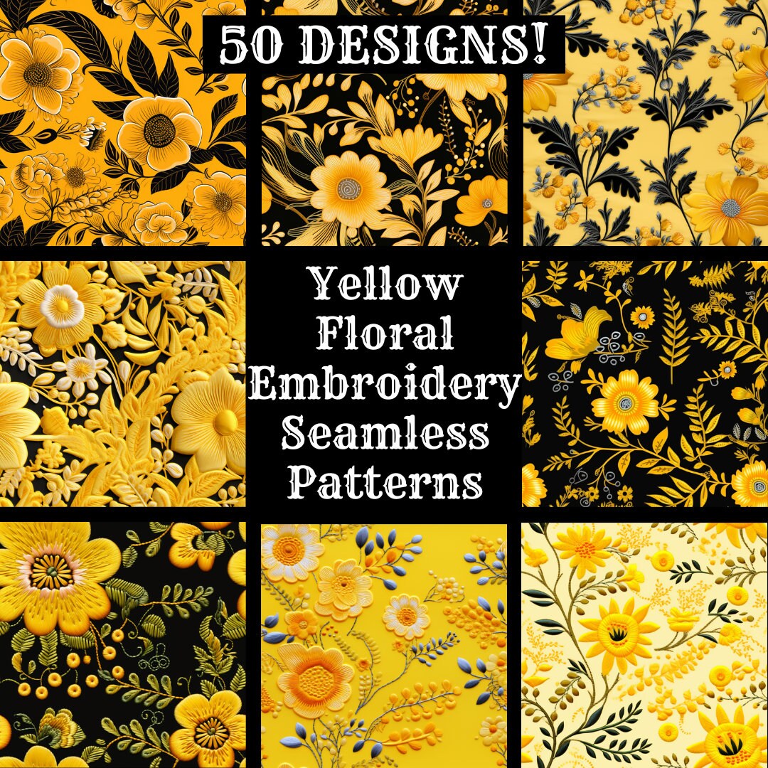 Yellow Floral Embroidery Seamless Digital Paper, Printable Scrapbook ...