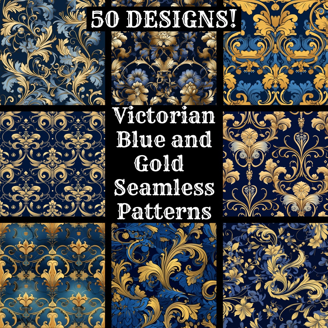 Victorian Blue and Gold Seamless Digital Paper, Printable Scrapbook ...