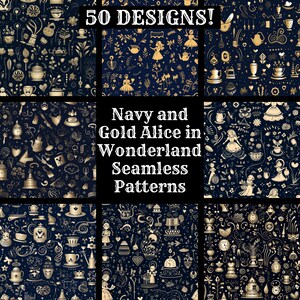 Navy and Gold Alice in Wonderland Seamless Patterns (digital Download ...
