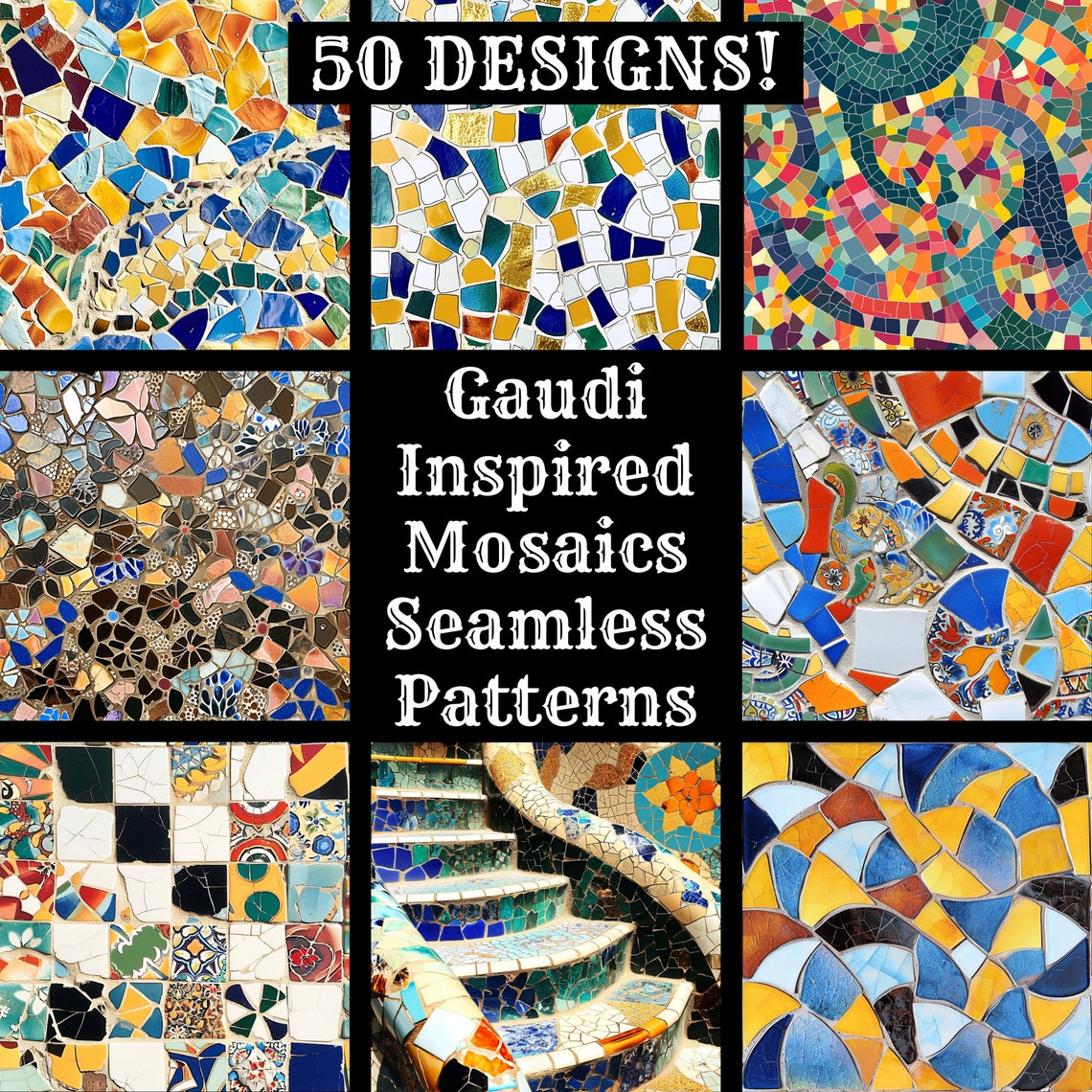 Gaudi Inspired Mosaic Seamless Patterns: Digital Paper (PNG) - Etsy