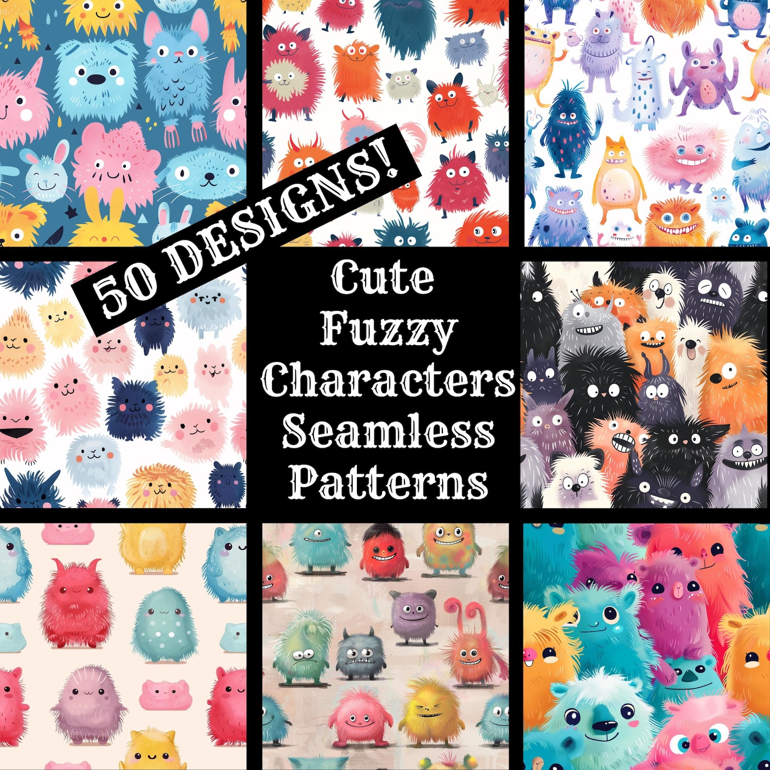 Cute Fuzzy Characters Seamless Pattern, Scrapbook Paper (digital ...