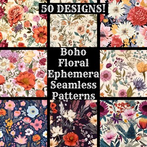 Boho Floral Ephemera Seamless Digital Paper, Printable Scrapbook Paper Seamless Textures ...