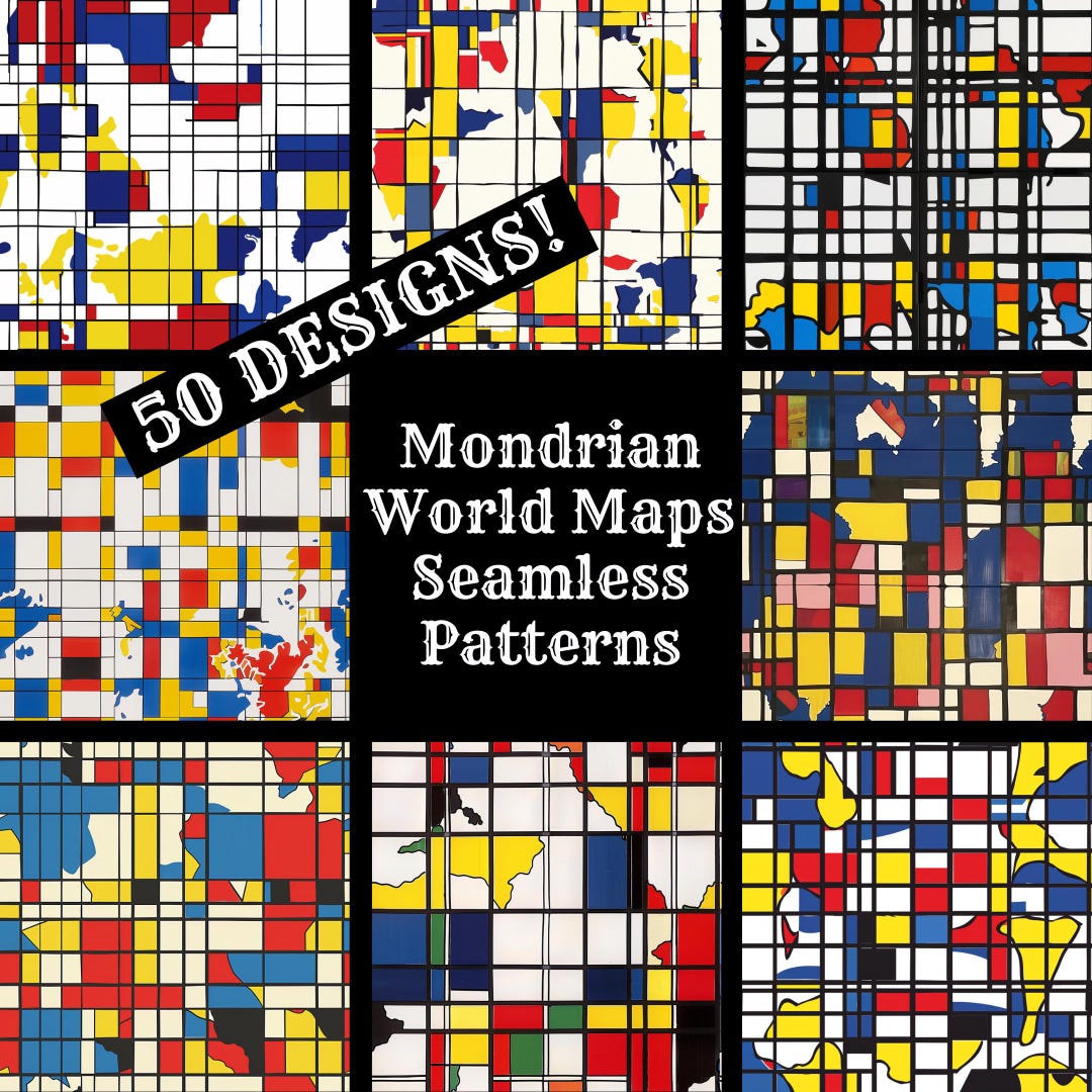 Mondrian World Maps Seamless Pattern: 50 PNG Digital Papers (digital ...