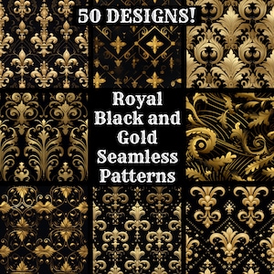 Royal Black and Gold Seamless Digital Paper, Printable Scrapbook Paper ...