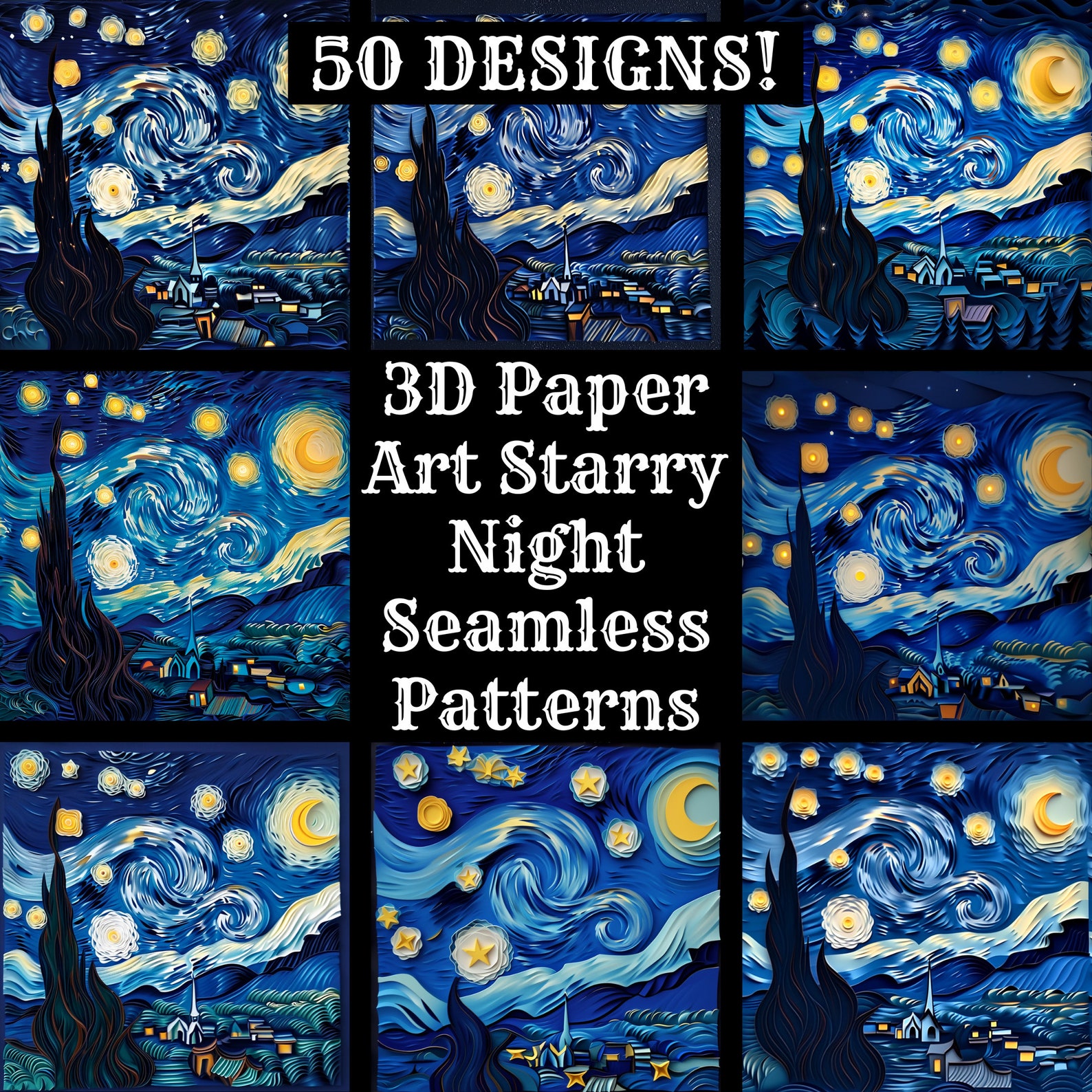 3D Starry Night Paper Art: Seamless Patterns (digital Download) - Etsy