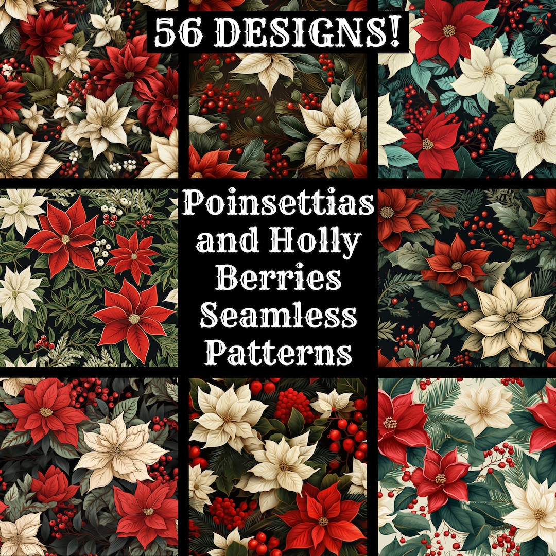 Poinsettias and Holly Berries Seamless Digital Paper, Printable ...