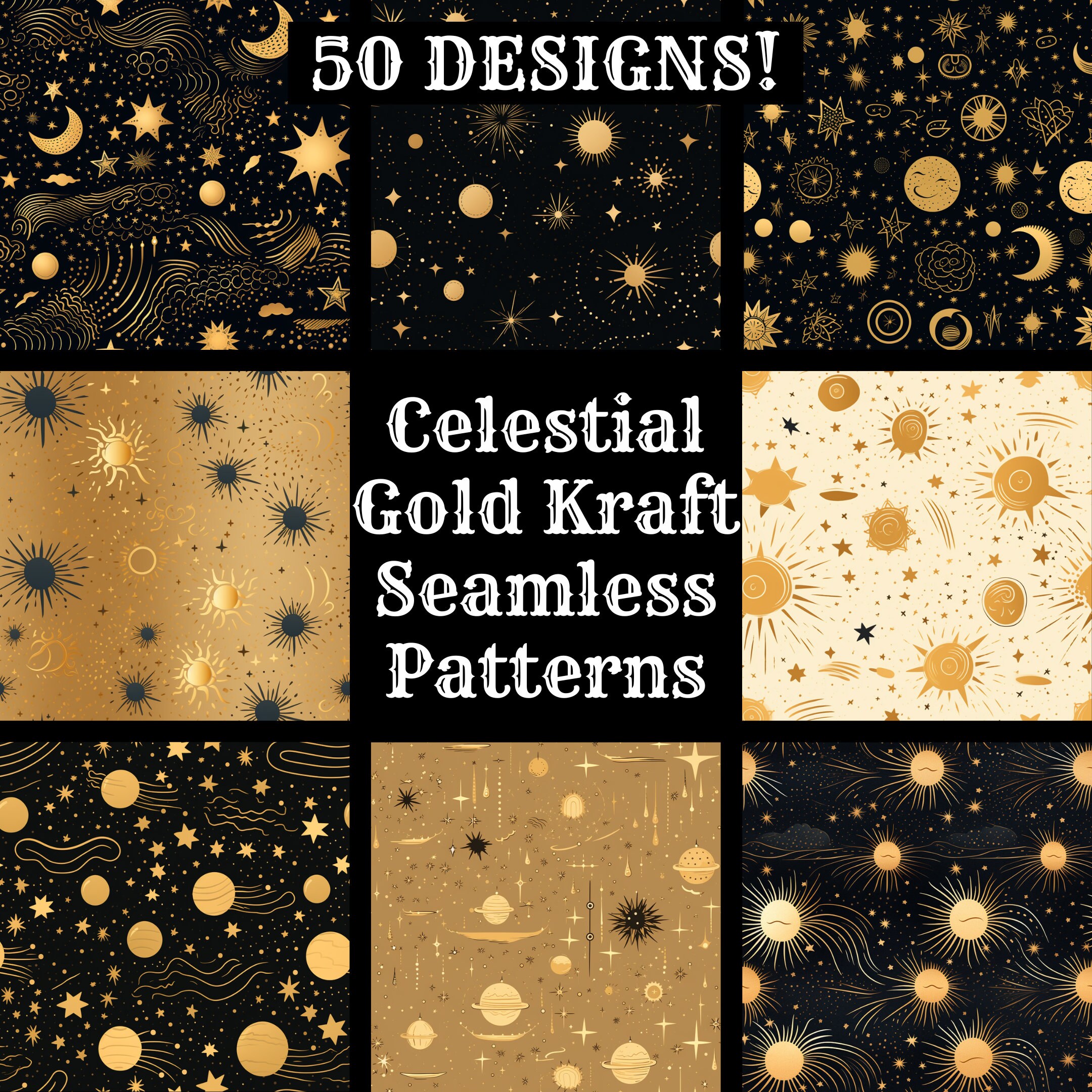 Celestial Gold Kraft Seamless Digital Paper, Printable Scrapbook Paper ...