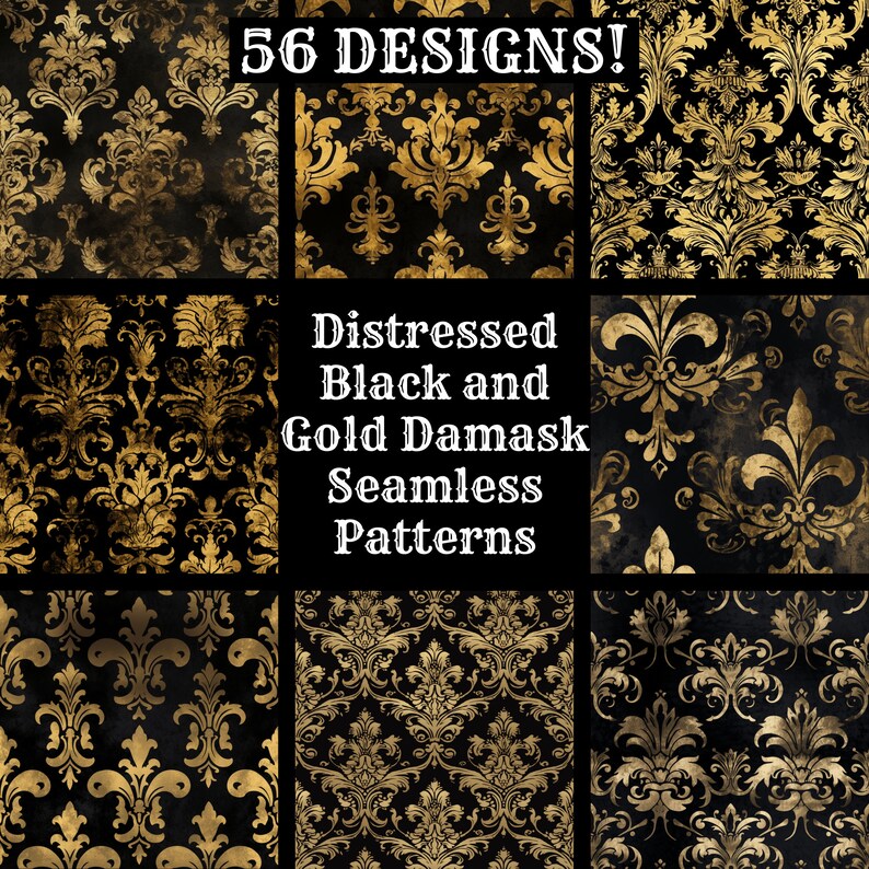 Distressed Black and Gold Damask Seamless Digital Paper, Printable ...